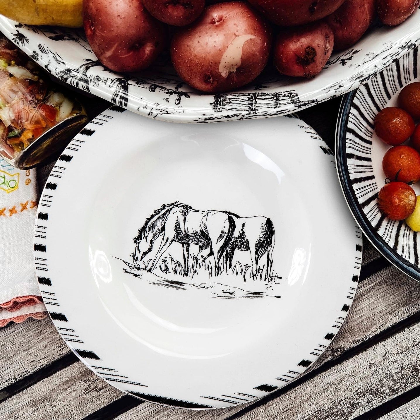 Ranch Life 16PC Ceramic Dinnerware Set, Duffle Bag | Paseo Road
