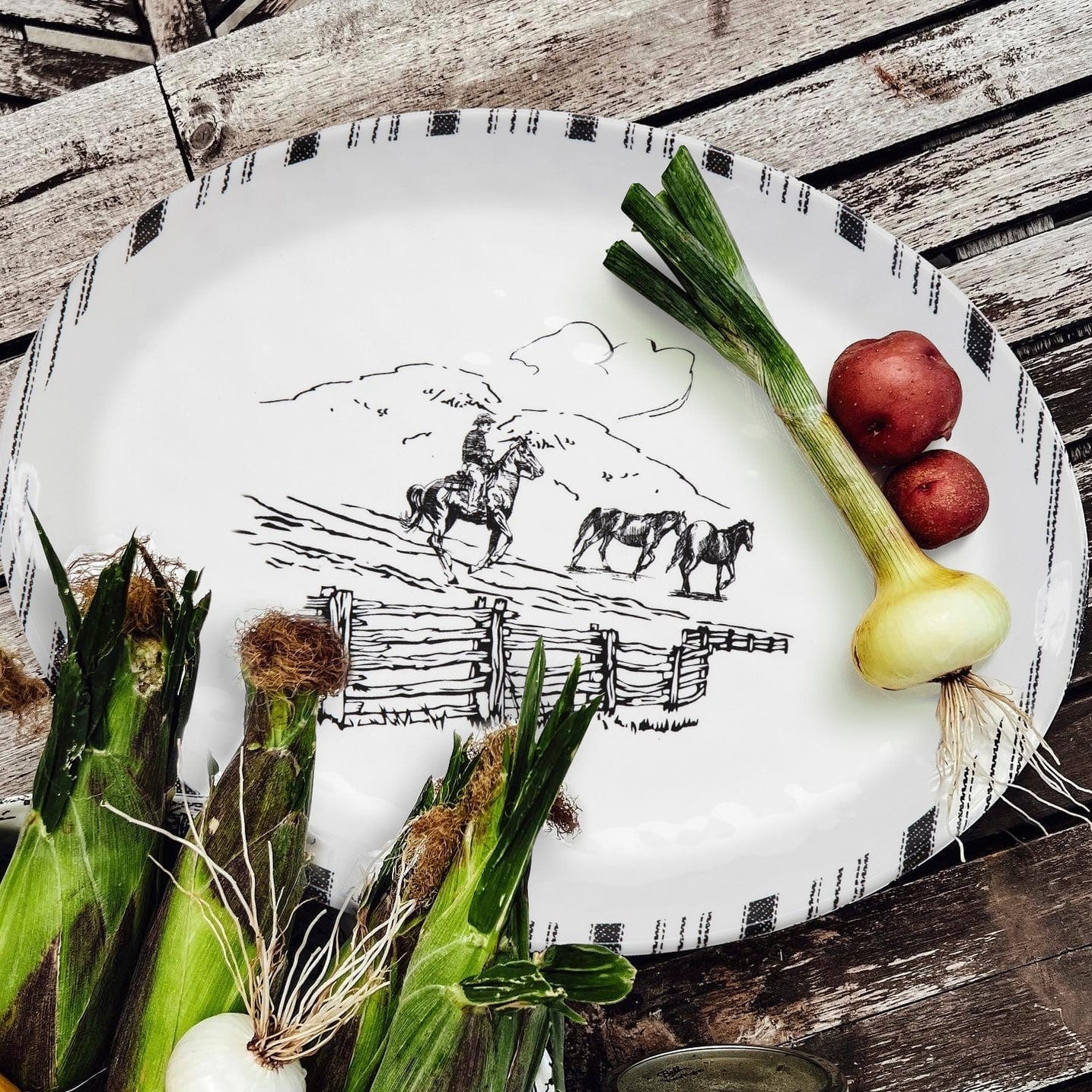 Ranch Life 16PC Ceramic Dinnerware Set, Duffle Bag | Paseo Road